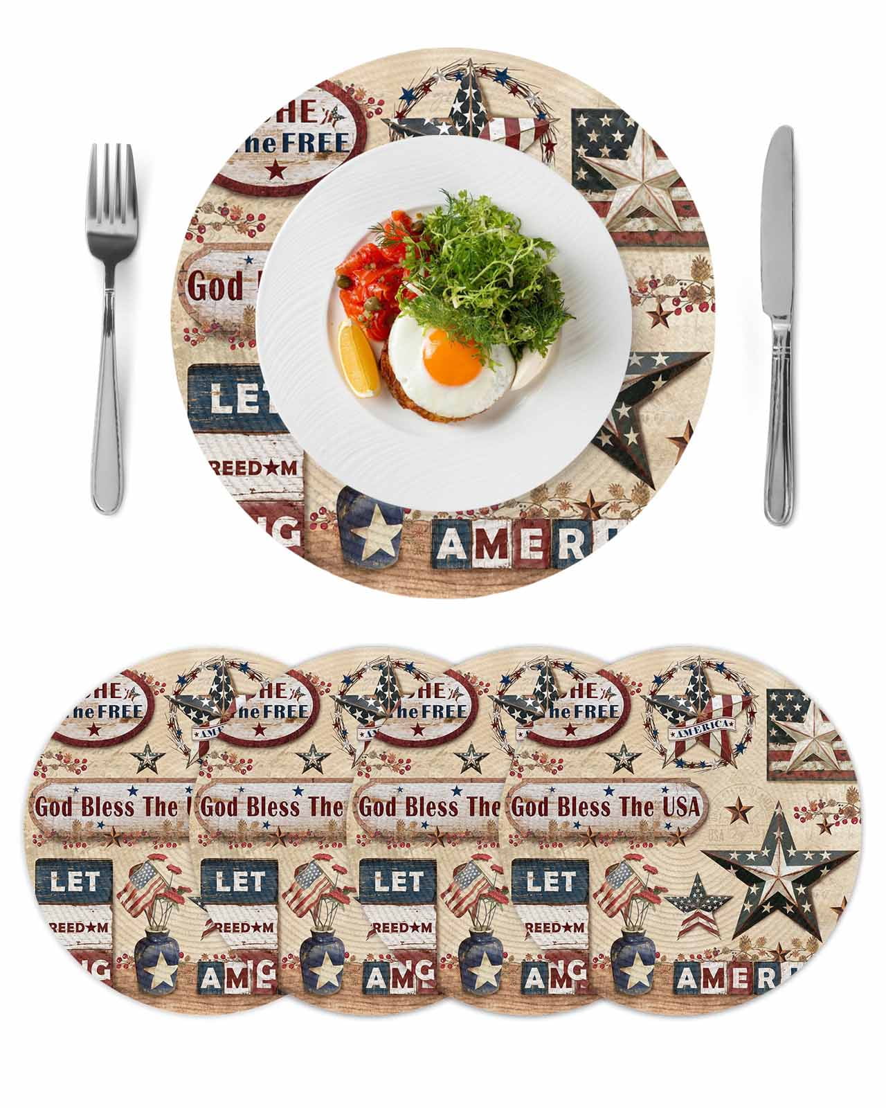 4th of July Round Table Placemats set of 4, Patriotic Words Washable ...