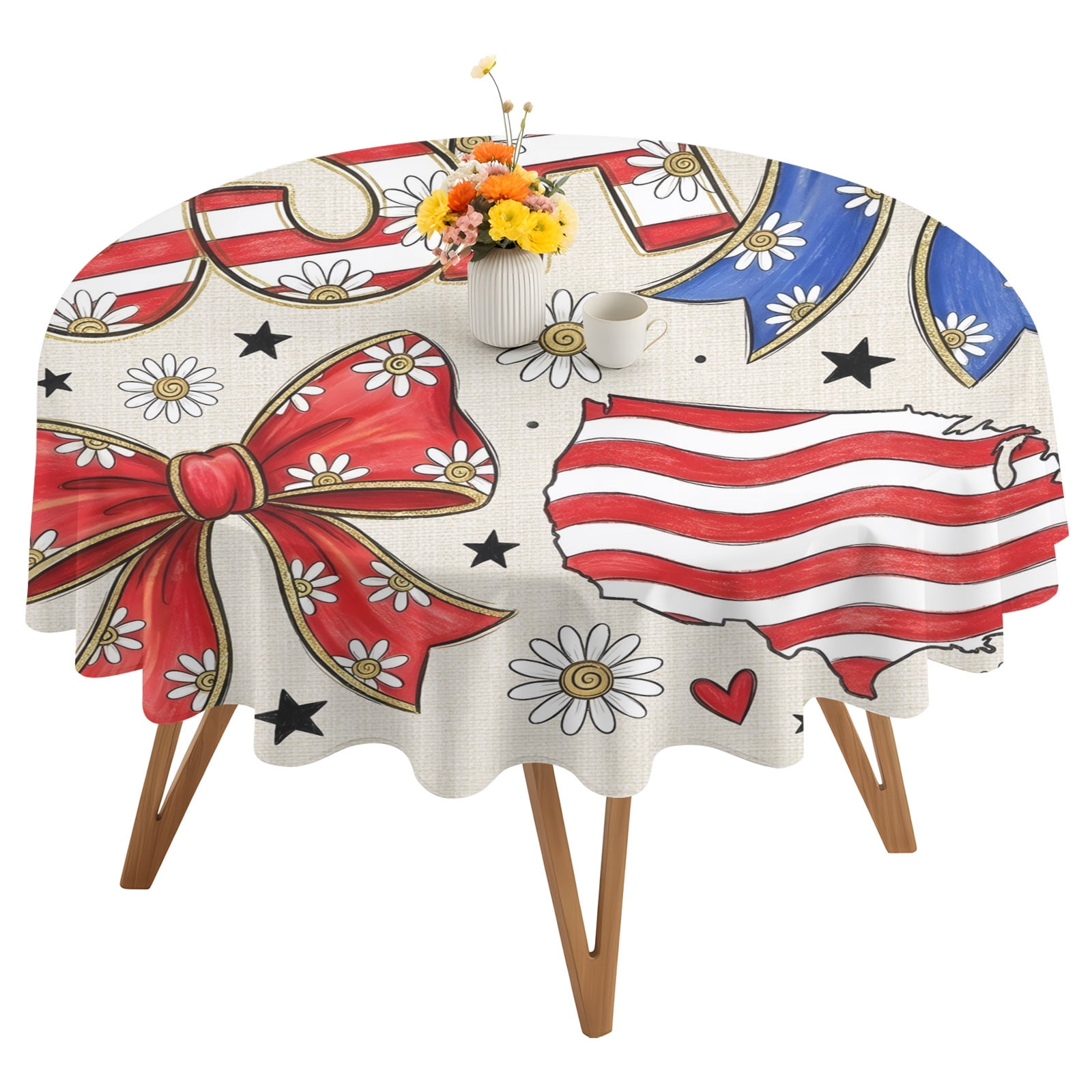 4th of July Round Tablecloth 54 inches USA Ribbon Bow America Map Daisy ...