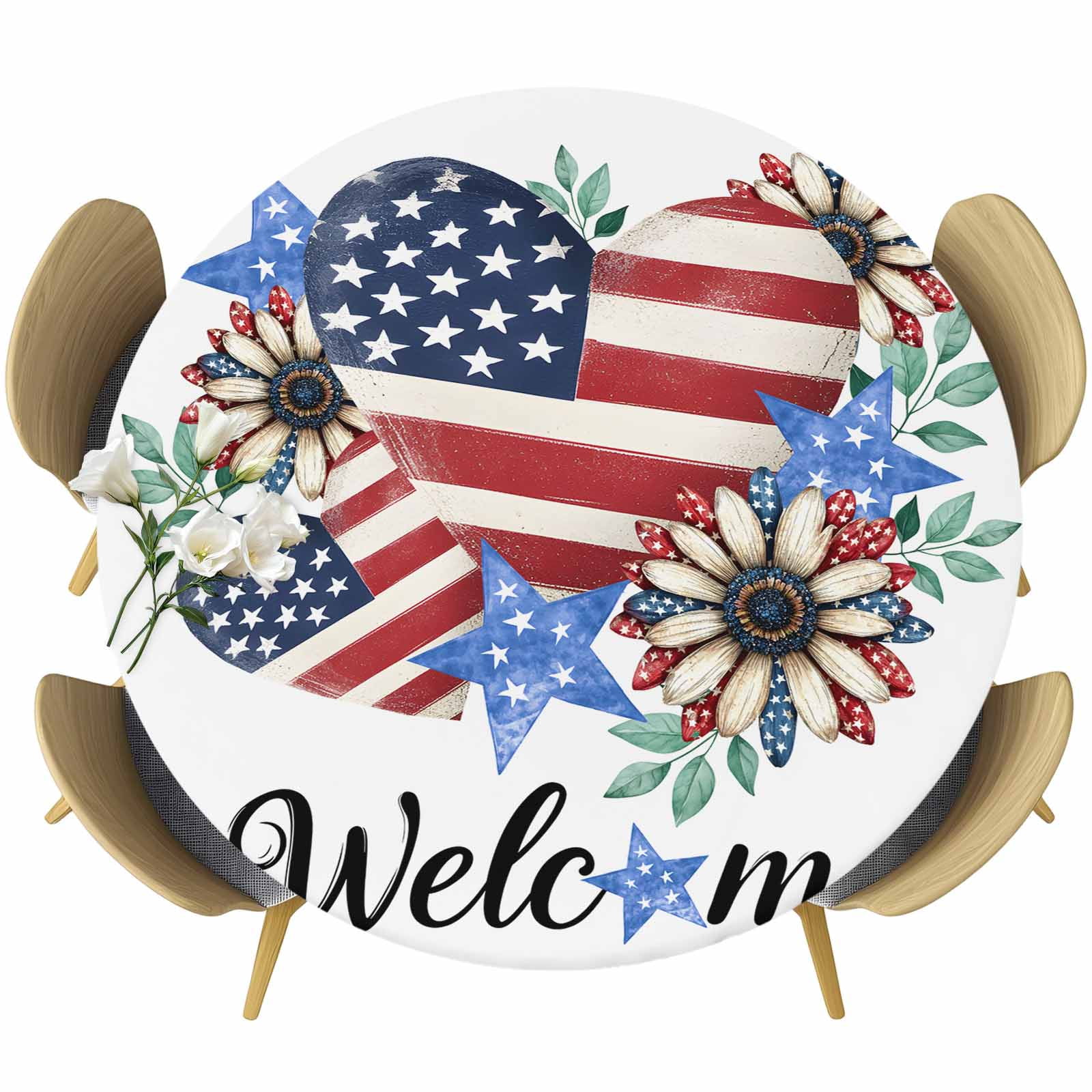 4th of July Round Tablecloth 55-60 Inch Round Fitted Table Cloth with ...