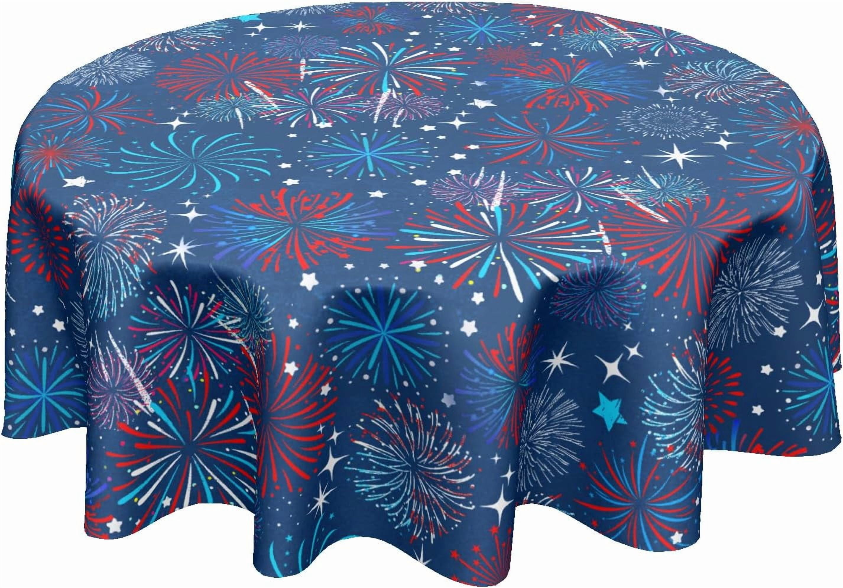 4th of July Round Tablecloth 70 Inch Patriotic Red and Blue Fireworks ...