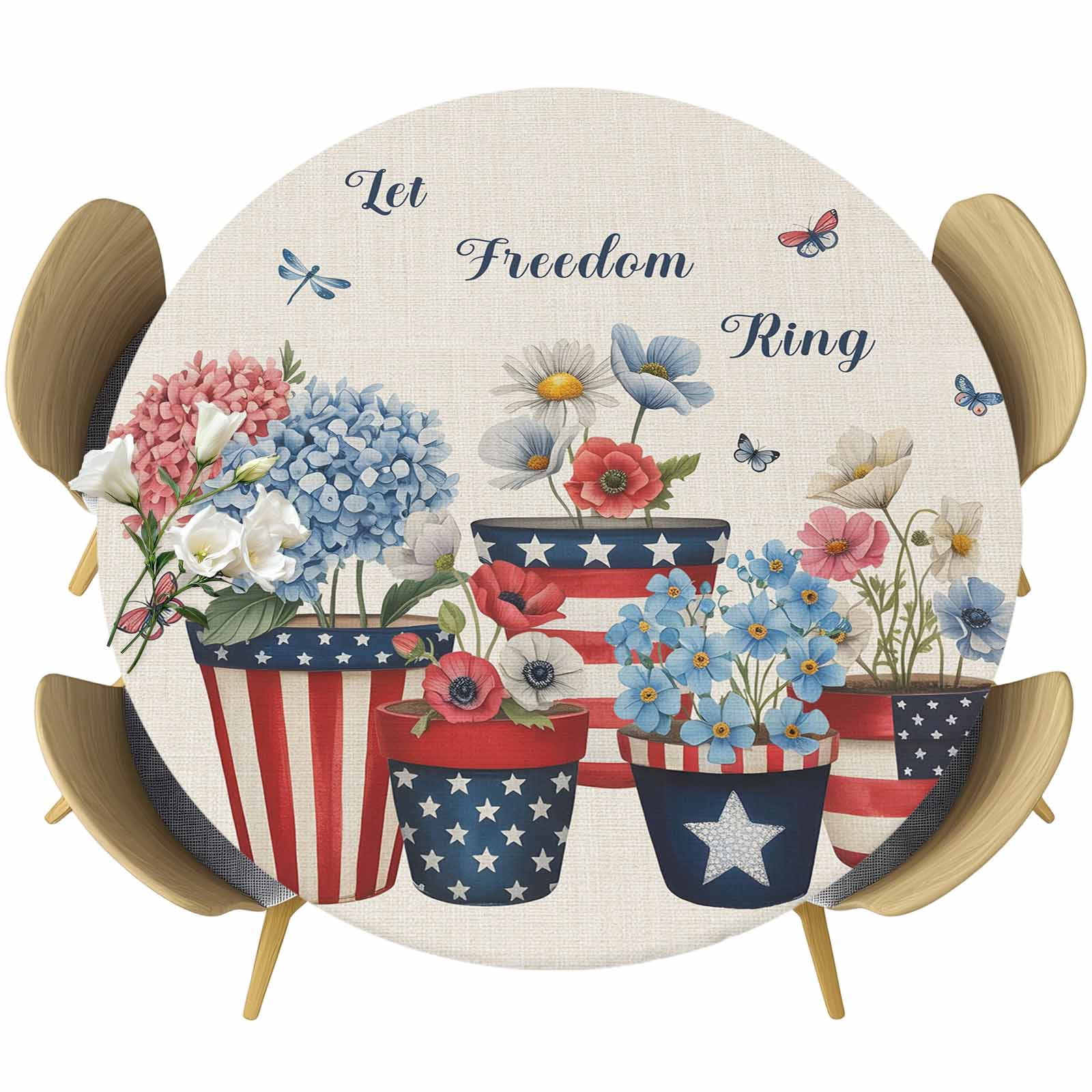 4th of July Round Tablecloth, Fitted Table Cover with Elastic for 45 ...