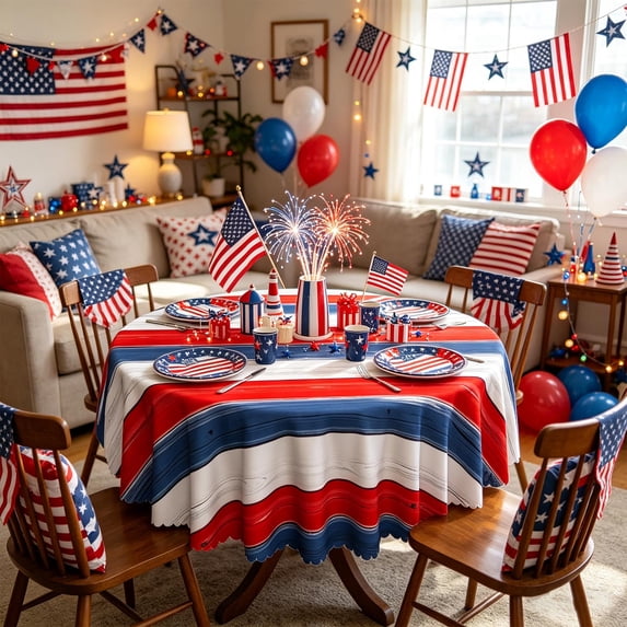 4th of July Round Tablecloth,Patriotic Red White Blue Wood Grain Stripe ...