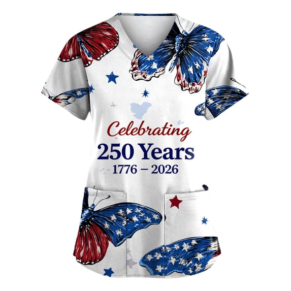 4th of July Scrub Tops Women Loose V Neck American Flag Print Scrub ...