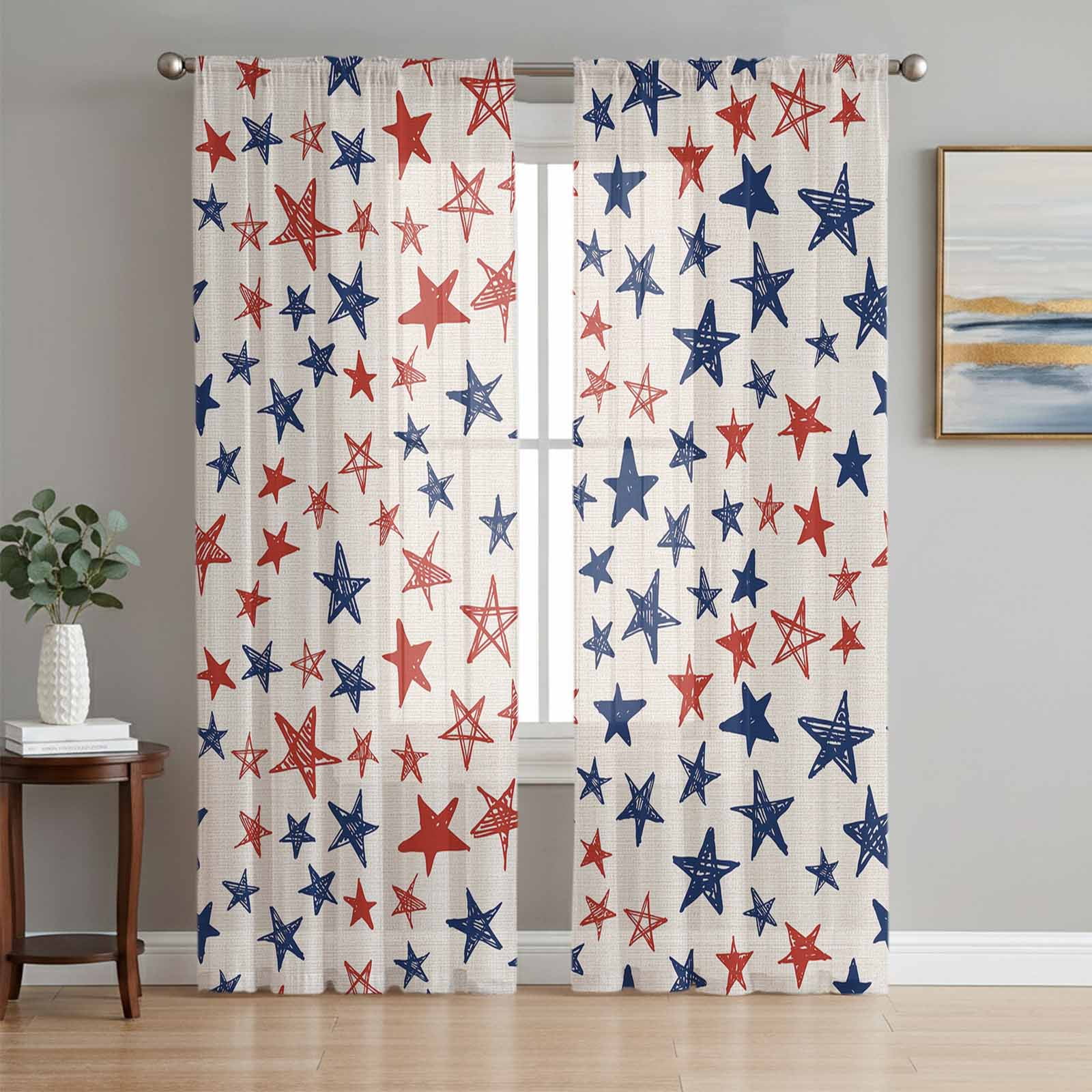 4th of July Semi Sheer Curtains 63 Inch Length 2 Panels Set, Blue Red ...