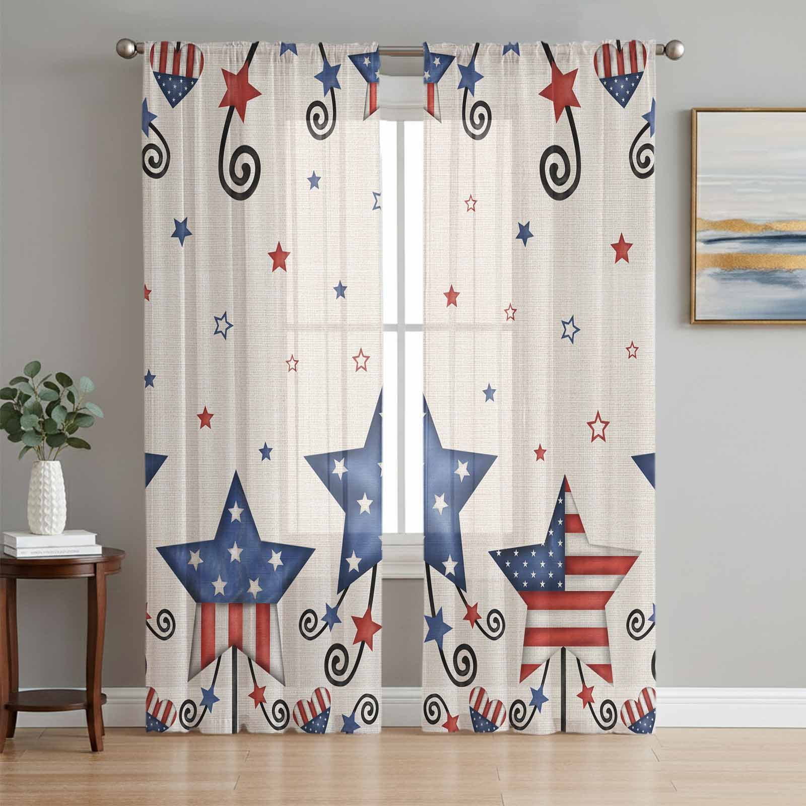 4th of July Semi Sheer Curtains 63 Inch Length 2 Panels Set, Blue Red ...