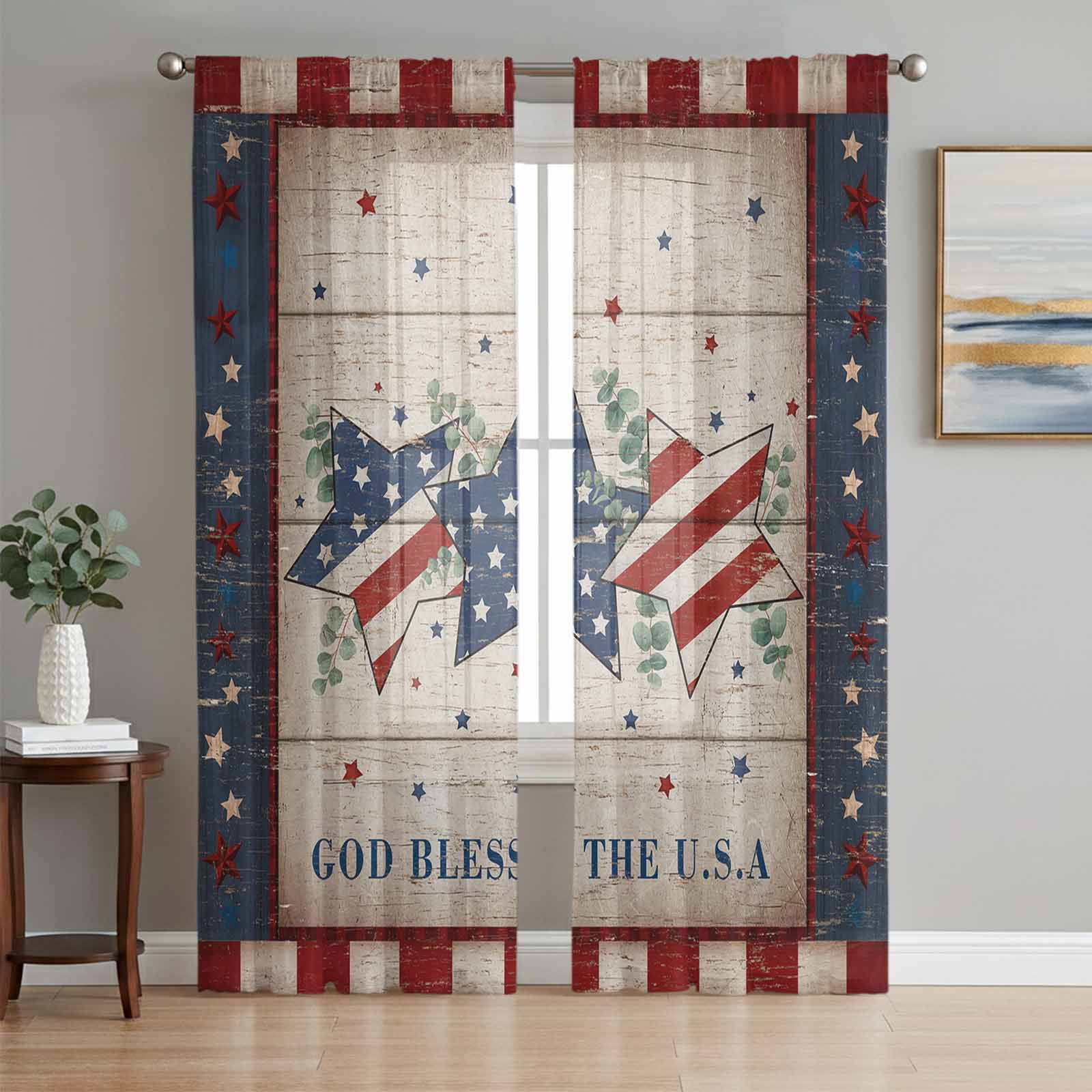 4th of July Semi Sheer Curtains 63 Inch Length 2 Panels Set,Vintage ...