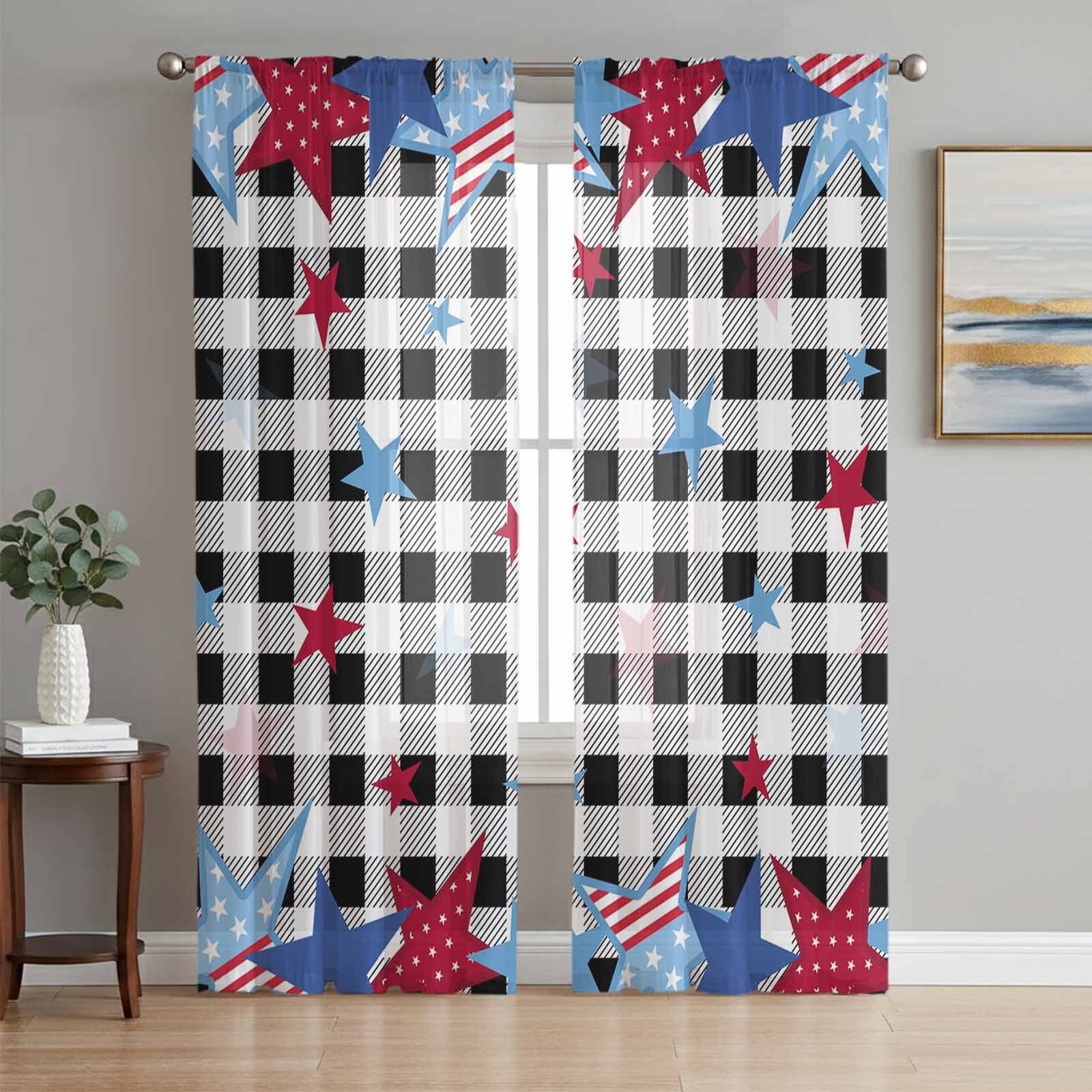 4th of July Semi Sheer Curtains 96 Inch Length 2 Panels Set, Blue Red ...