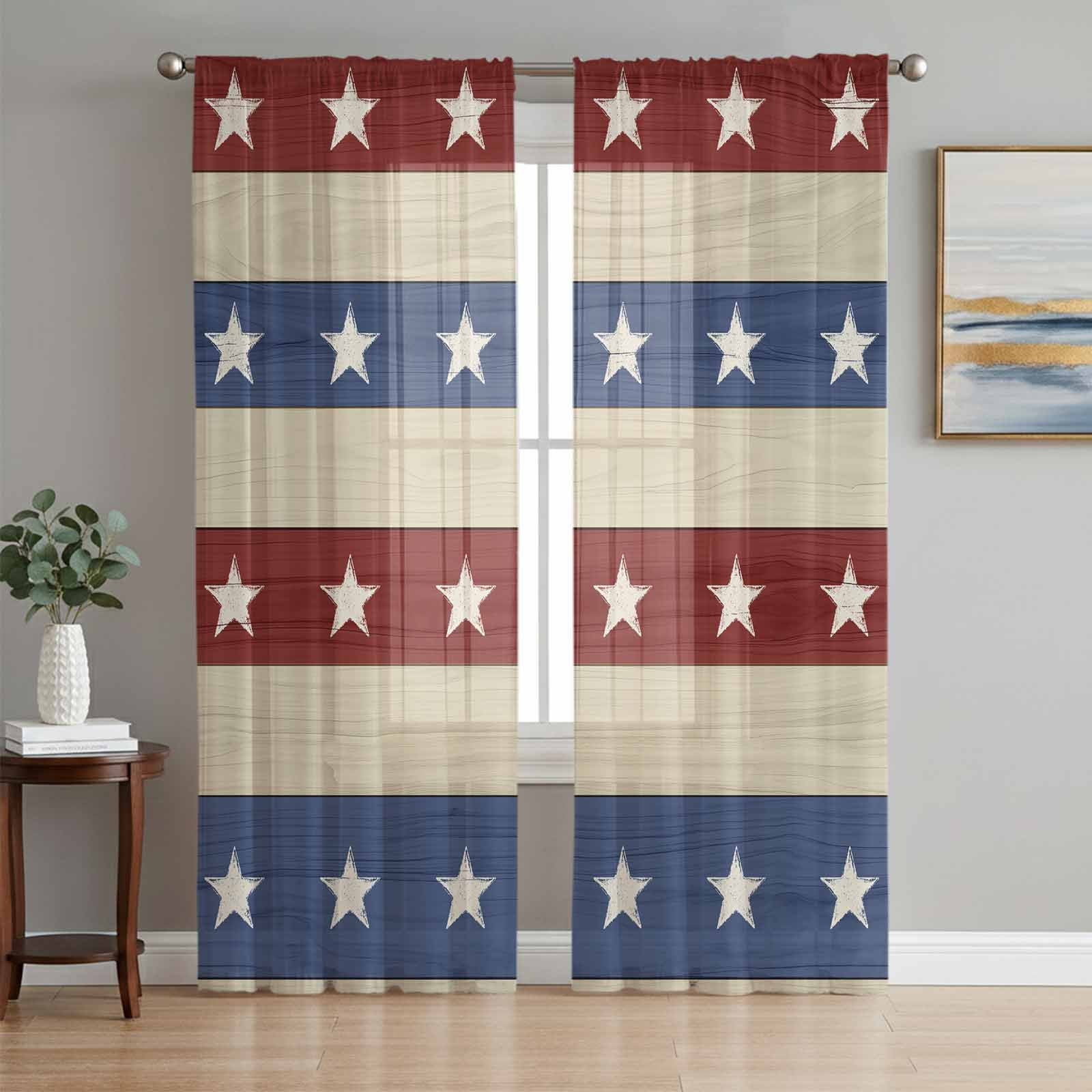 4th of July Semi Sheer Curtains 96 Inch Length 2 Panels Set, Blue Red ...