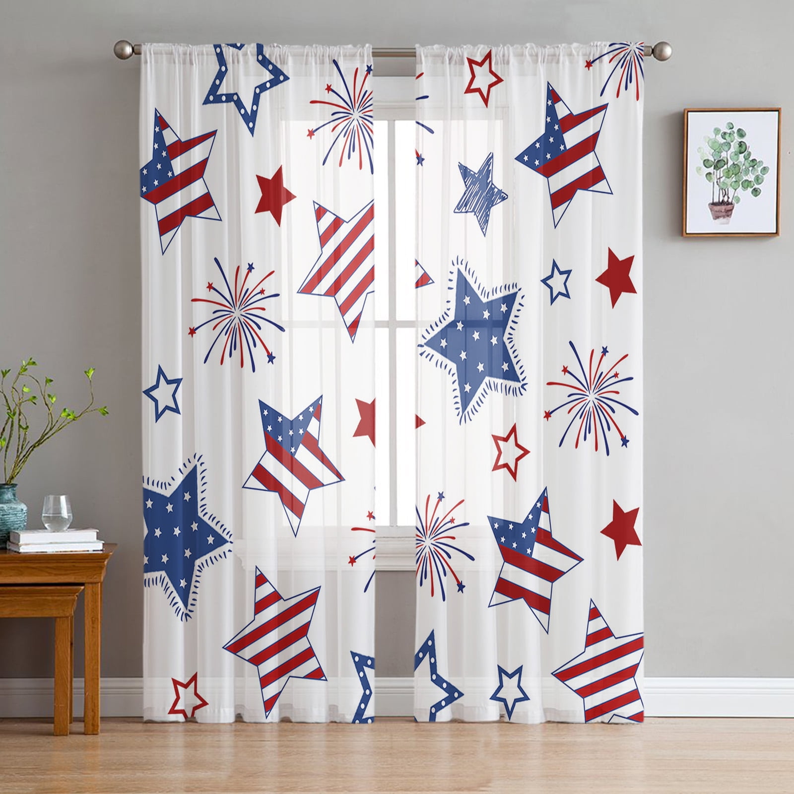 4th of July Semi Sheer Curtains 96 Inch Length 2 Panels Set ...