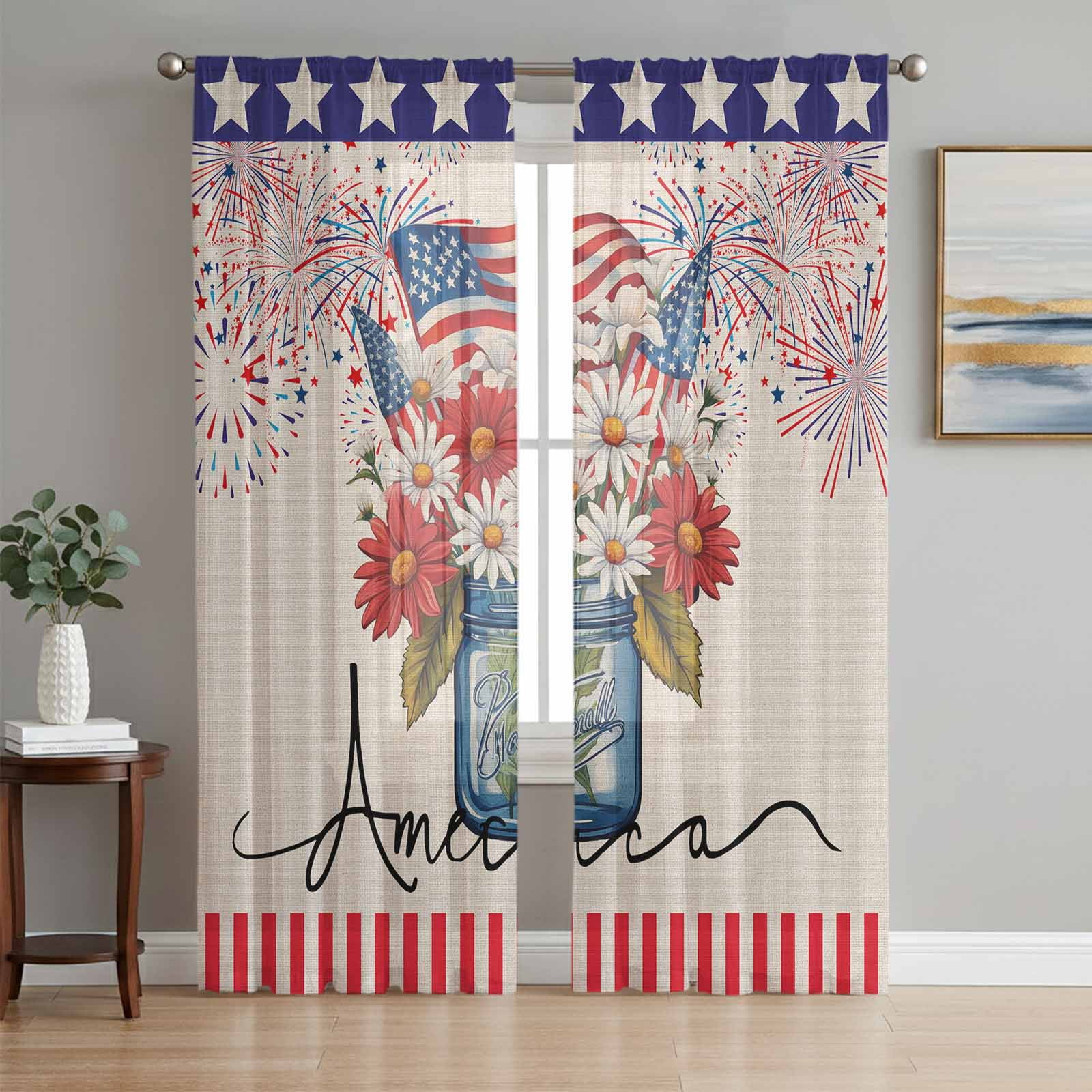 4th of July Semi Sheer Curtains 96 Inch Length 2 Panels Set ...