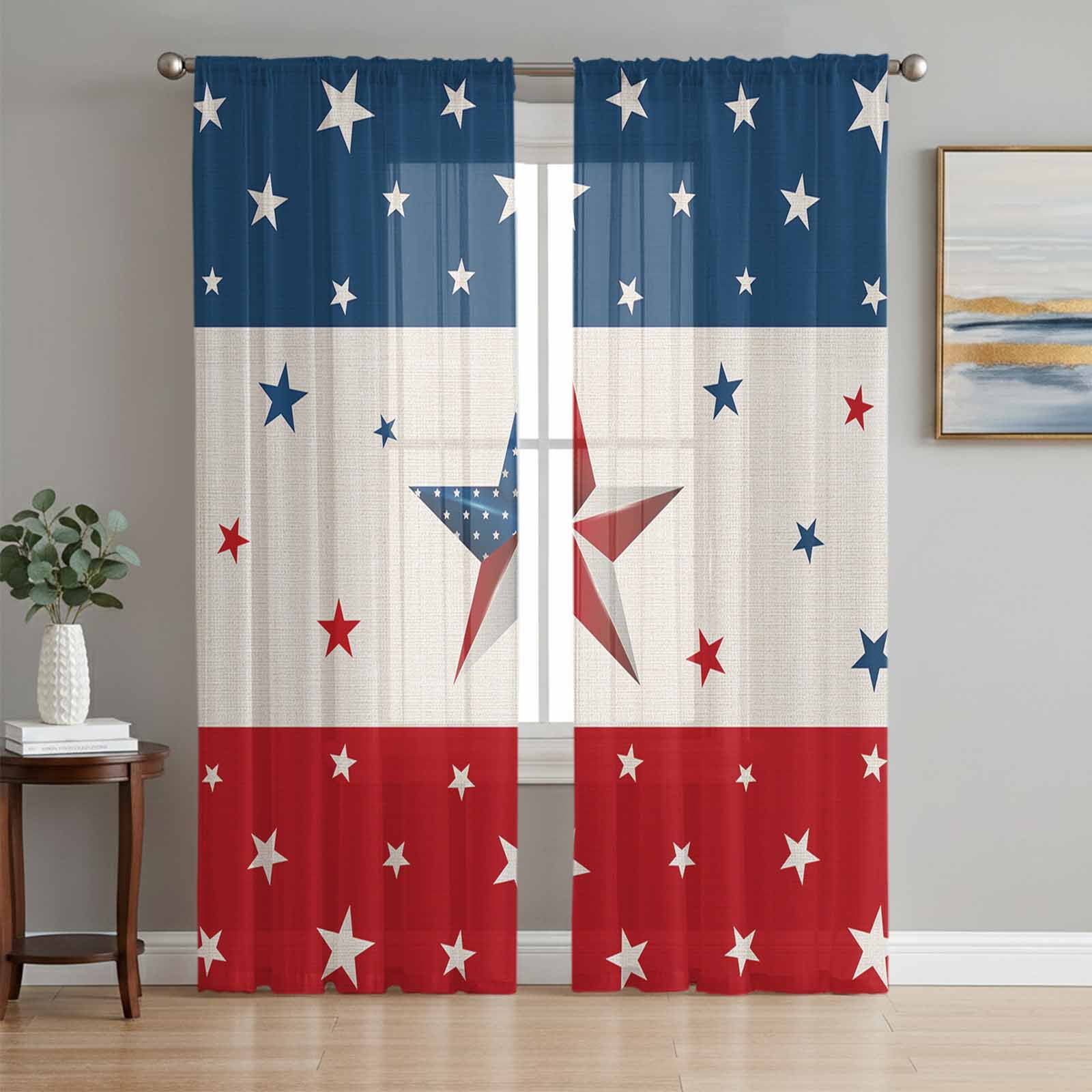 4th of July Semi Sheer Curtains 96 Inch Length 2 Panels Set, Red White ...