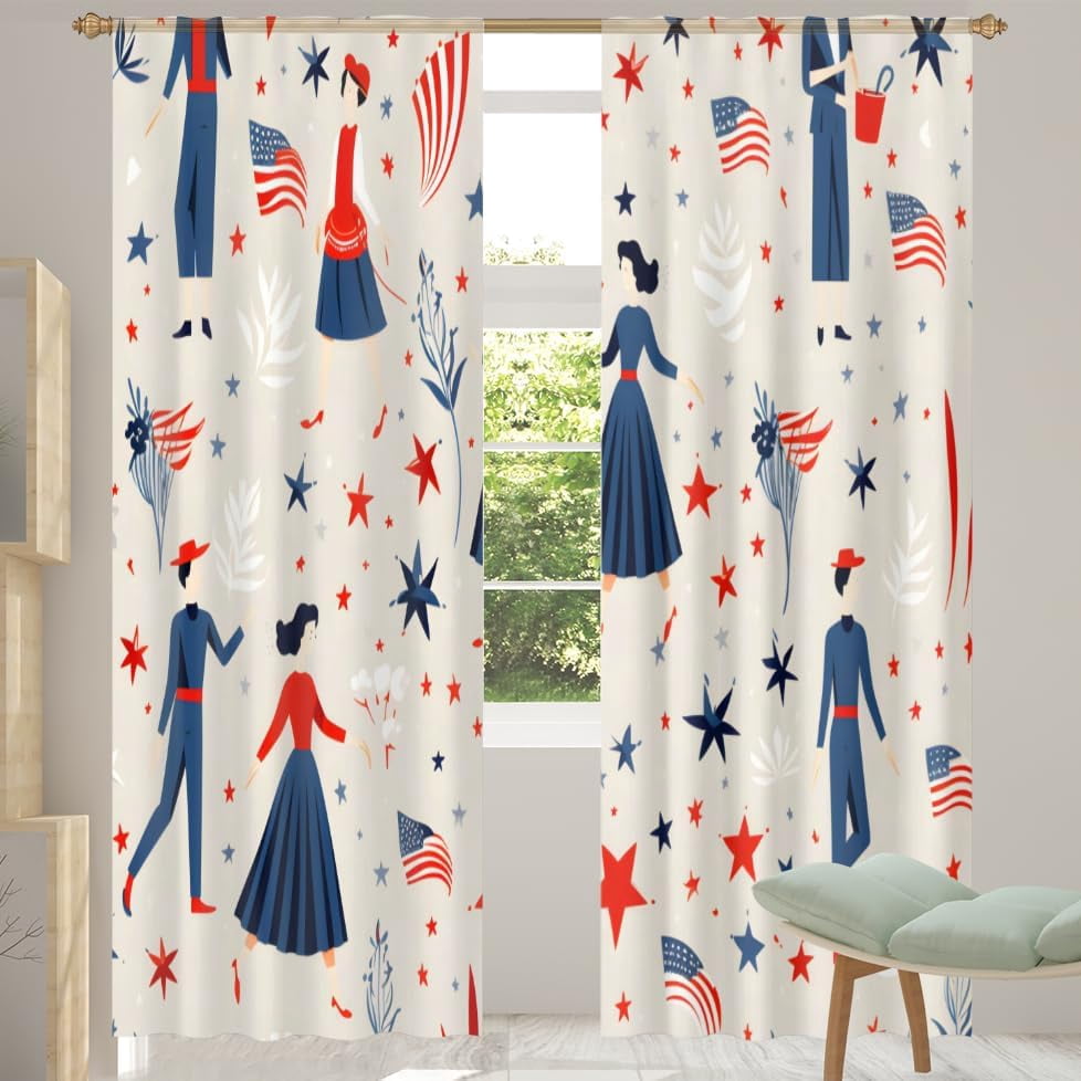 4th of July Sheer Curtains 52"W x 84"L x 2 Panels Set, Patriotic ...