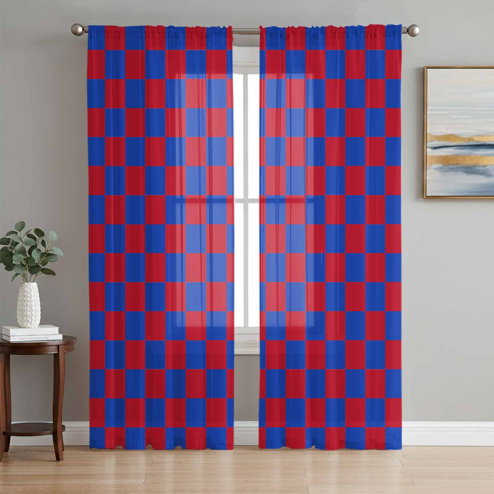 4th of July Sheer Curtains 63 Inch Length 2 Panels Set, Red Blue Plaid ...