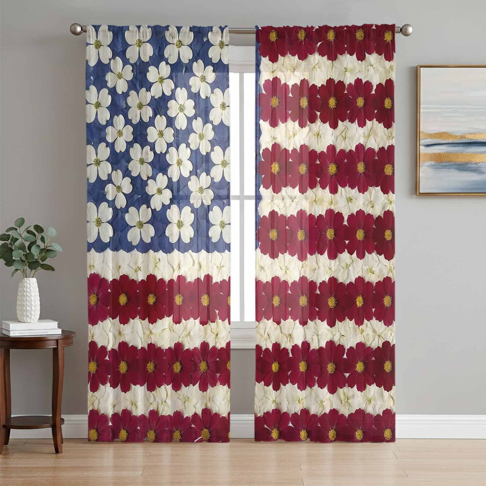4th of July Sheer Curtains 84 Inch Length 2 Panels Set, Red Blue Floral ...