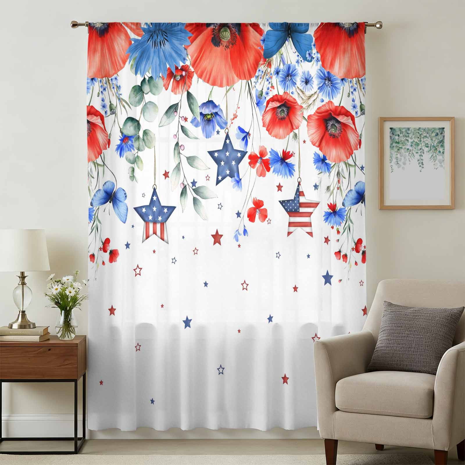 4th of July Sheer Curtains 84 Inches Long, Blue Pink Flower ...