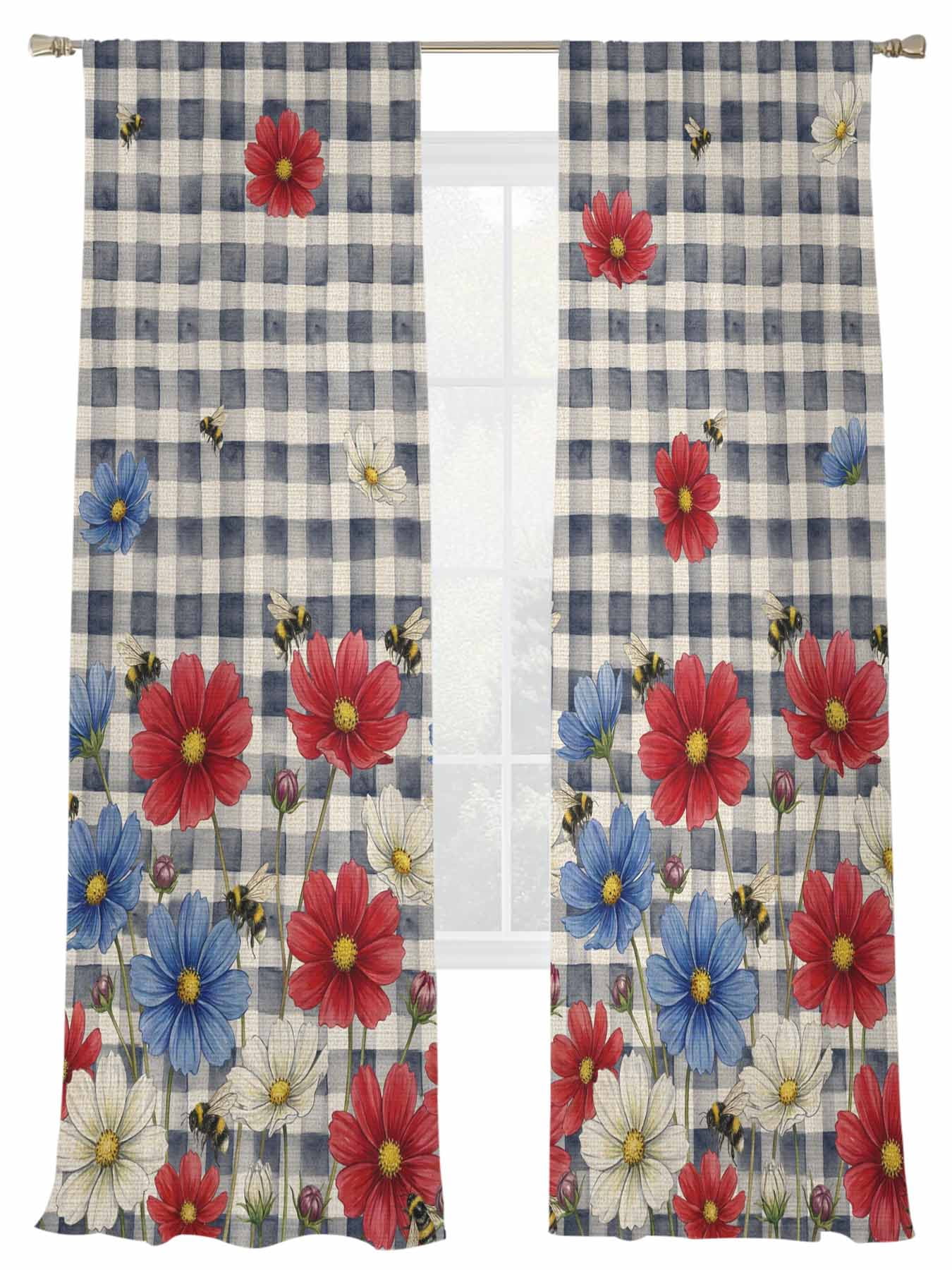 4th of July Sheer Curtains 84 inches Long 2 Panels Set Patriotic Flower ...