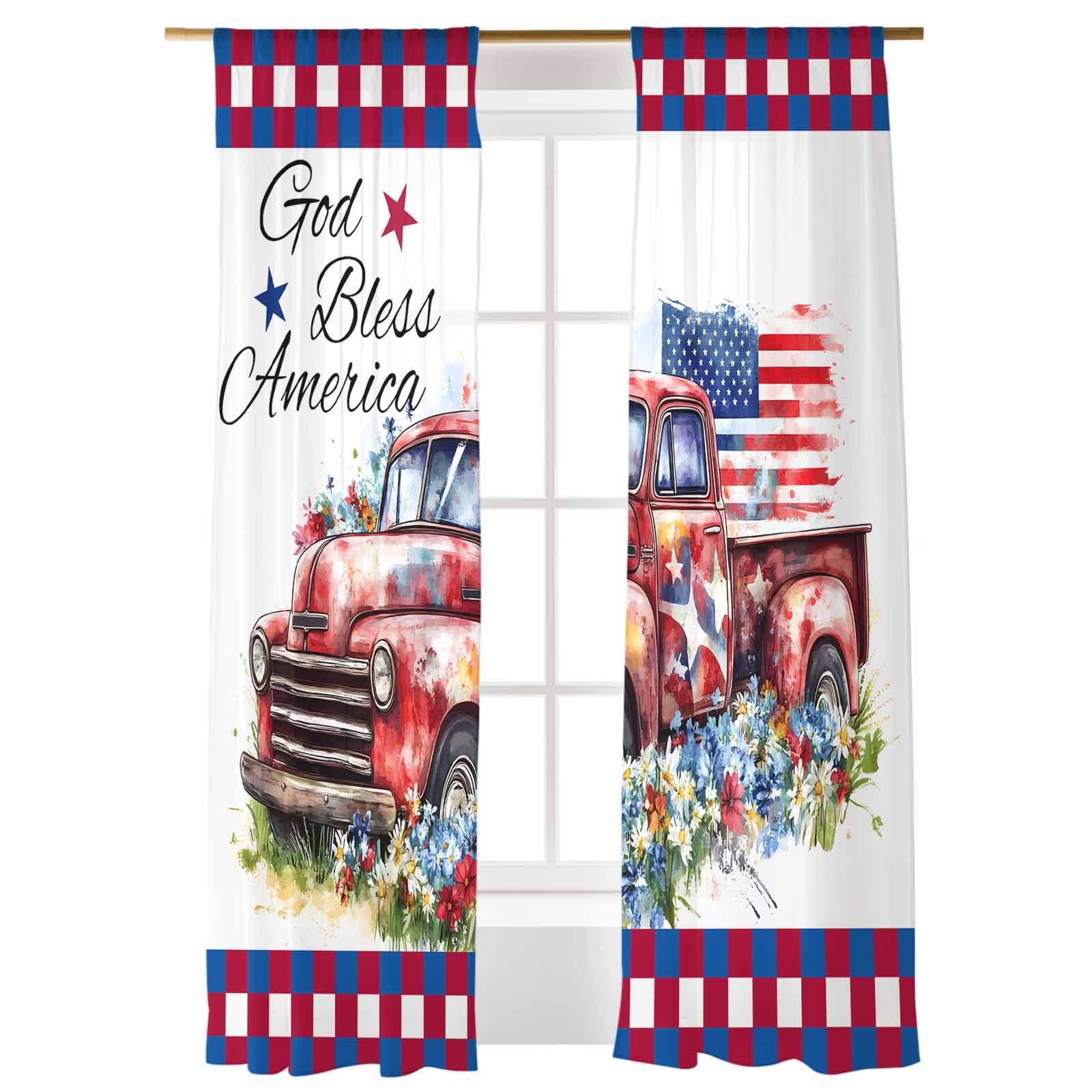4th of July Sheer Curtains 84 inches Long, God Bless USA Red Blue Truck Flowers Light Filtering ...