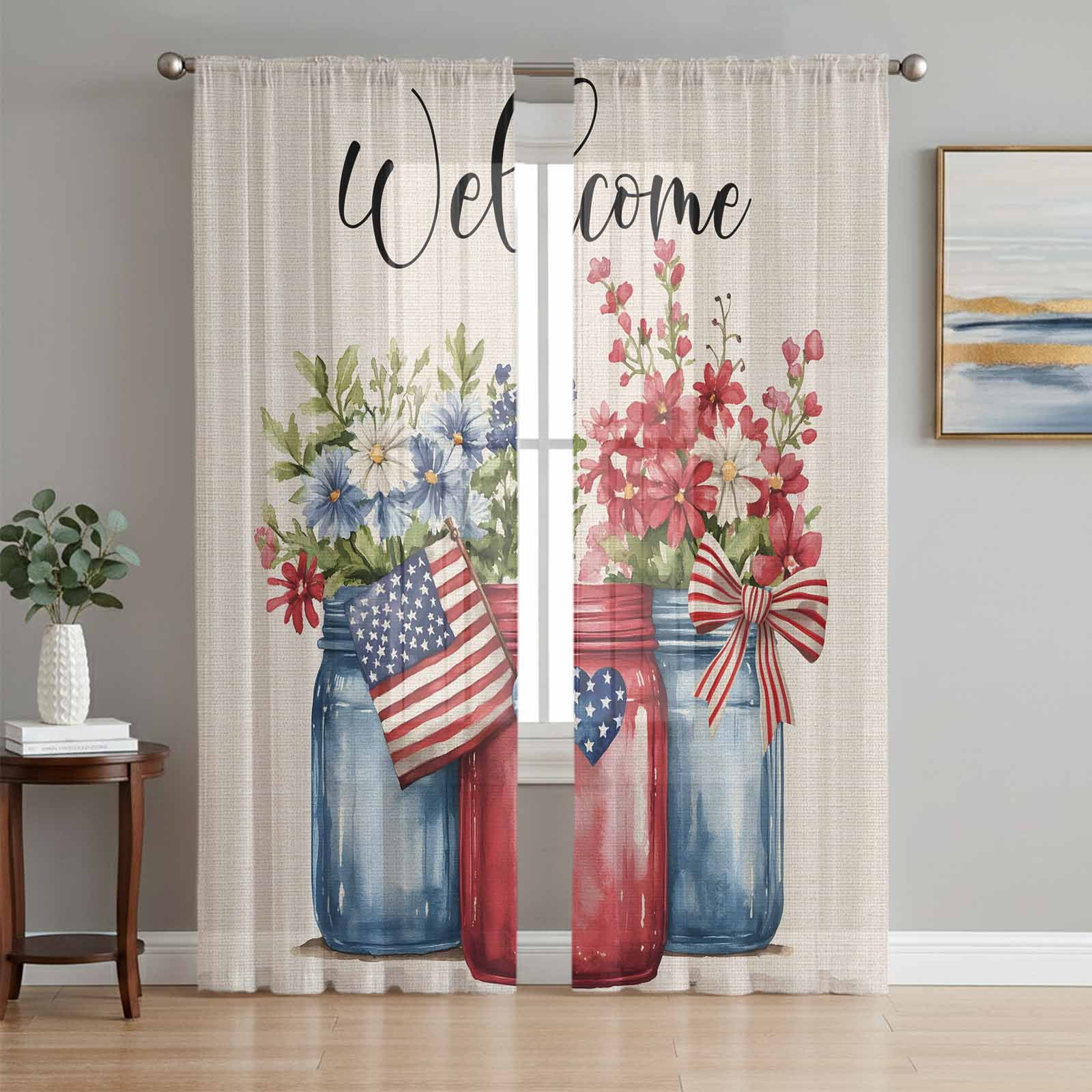 4th of July Sheer Curtains 96 Inch Length 2 Panels Set, Spring Floral ...