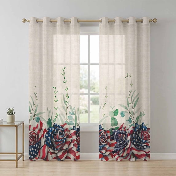 4th of July Sheer Curtains 96 Inch Long 2 Panels, USA Flag Rose Light ...
