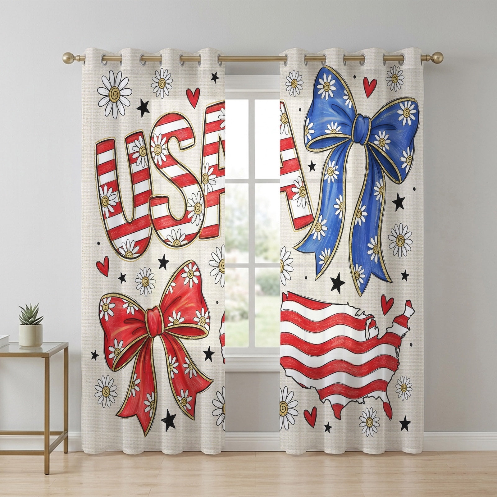 4th of July Sheer Curtains 96 Inch Long 2 Panels, USA Ribbon Bow ...
