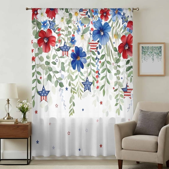4th of July Sheer Curtains 96 Inches Long, Blue Red Spring Floral ...