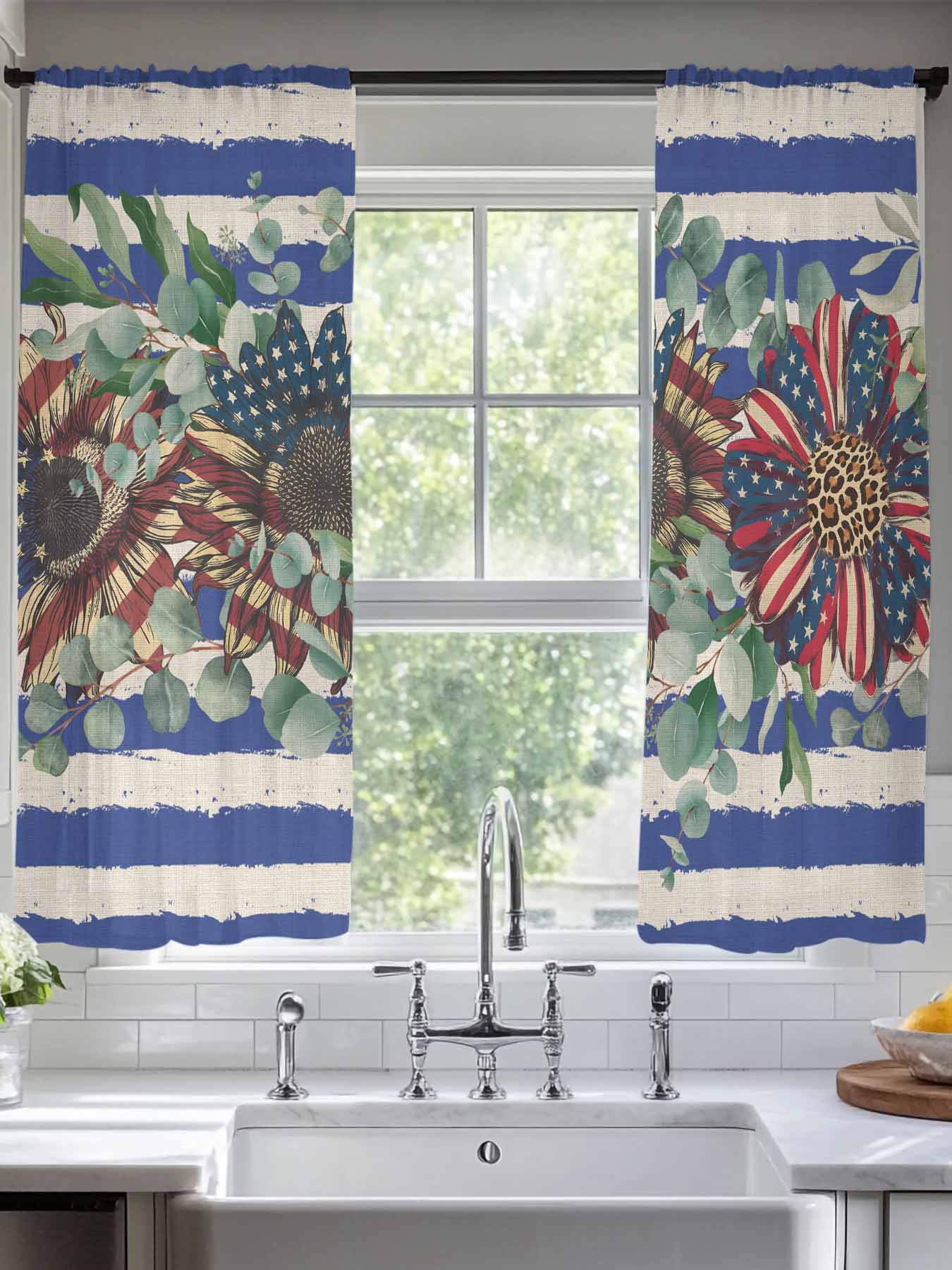 4th of July Sheer Curtains for Living Room Bedroom Blue Striped ...