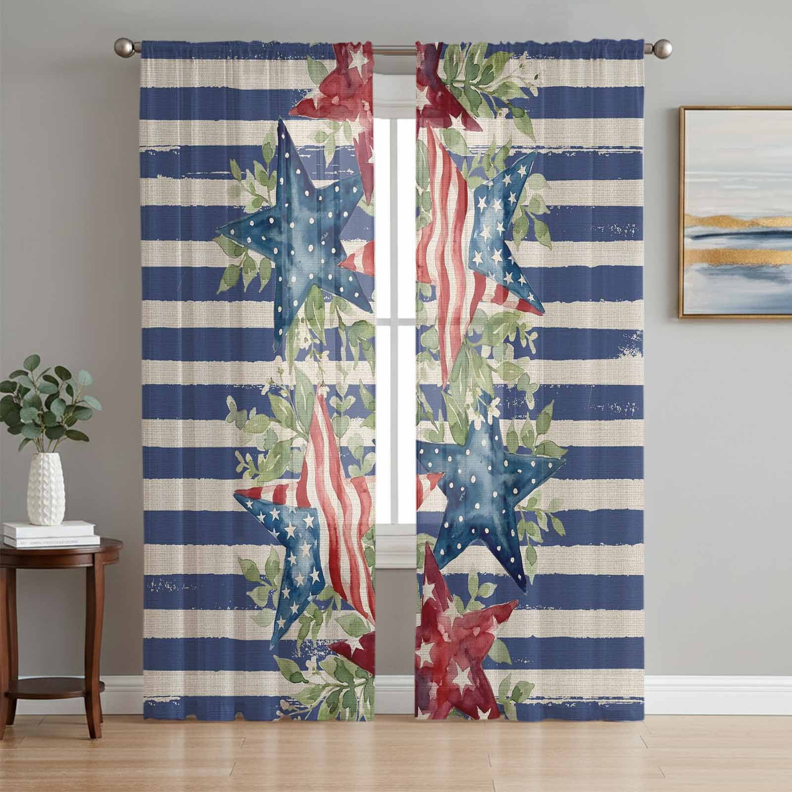 4th of July Sheer Curtains for Living Room Bedroom Red Blue Stars Green ...