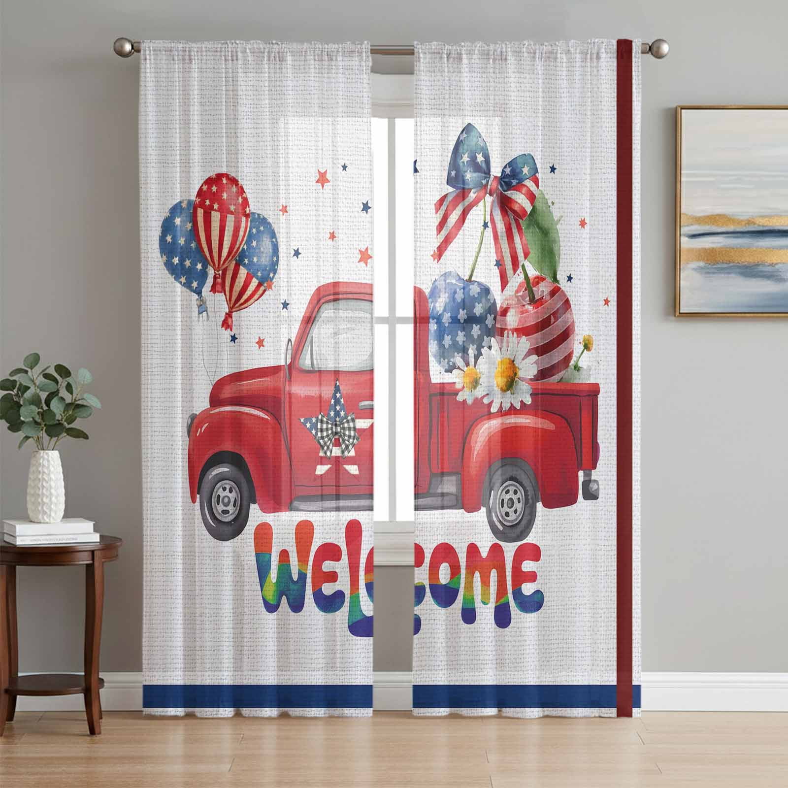 4th of July Sheer Curtains for Living Room Bedroom Red Truck Balloon ...