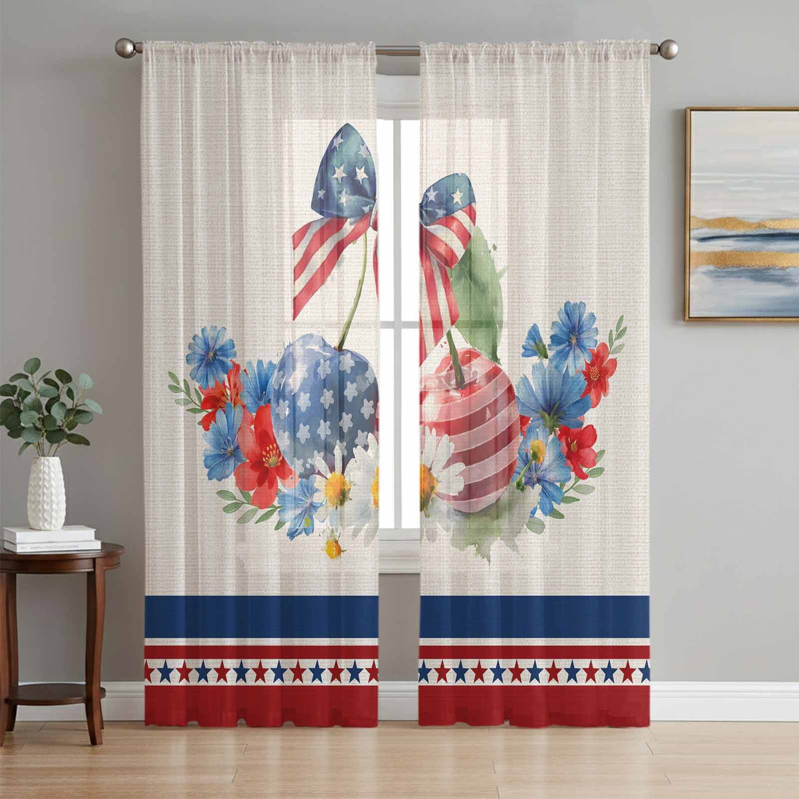 4th of July Sheer Curtains for Living Room Bedroom Rustic Floral Blue ...