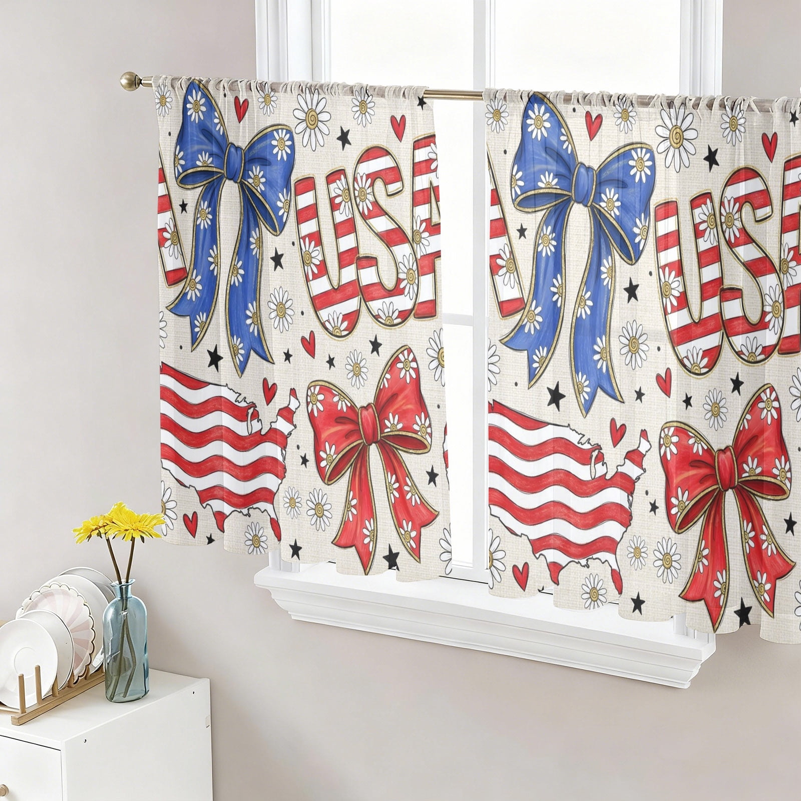 4th of July Sheer Curtains for Living Room Bedroom, USA Ribbon Bow ...