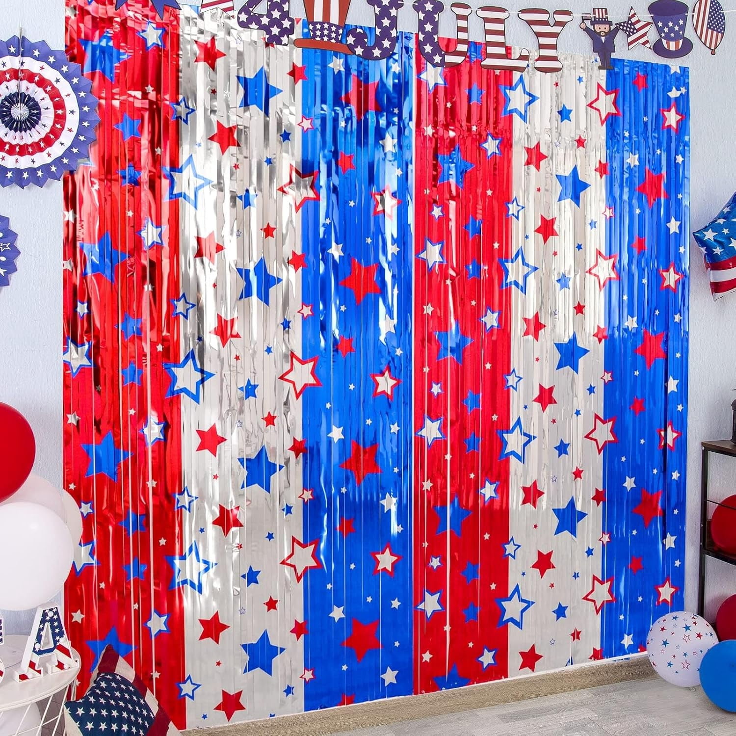 4th of July Shiny Star Rain Silk Curtain - Patriotic Red White Blue ...