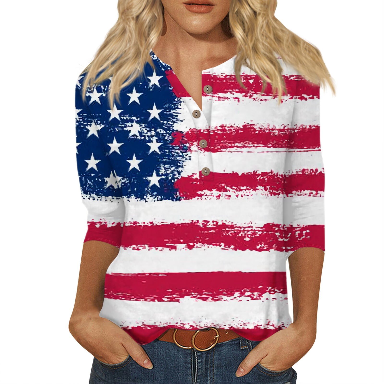 4th of July Shirts for Women Notch Neck Patriotic Parade Blouse 3/4 ...