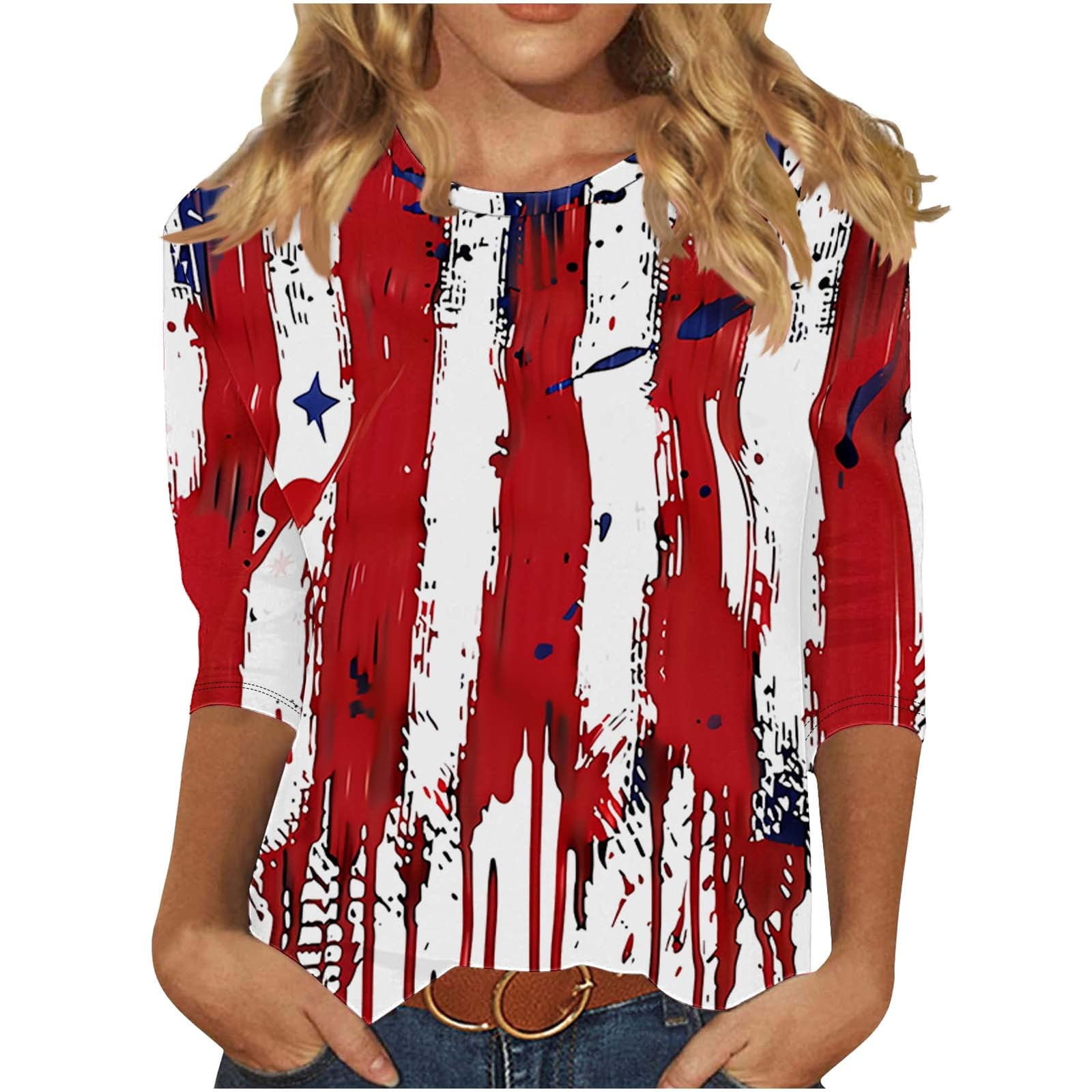 4th of July Shirts for Womens 2025 Fashion American Flag Graphic Tees Independence Day Cute ...