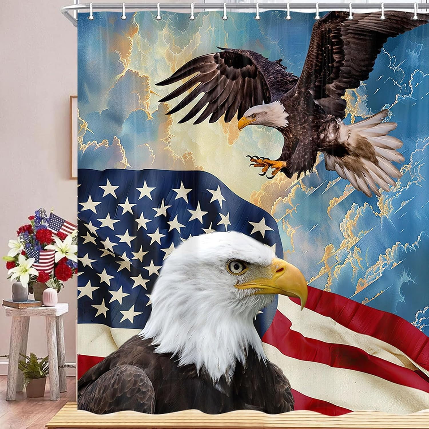 4th of July Shower Curtain, American Flag Bald Eagle Shower Curtain Set ...