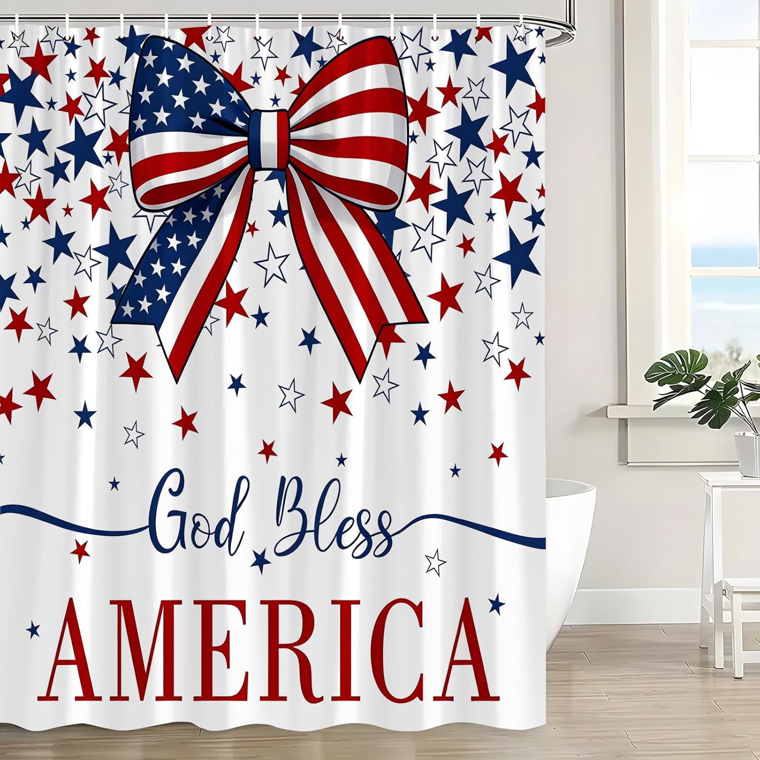 4th of July Shower Curtain American Flag Patriotic Blue Red Stars Bow ...