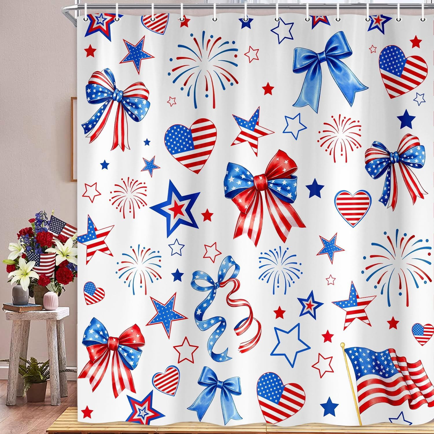 4th of July Shower Curtain, American Flag Red Blue Stars Bow Fireworks ...