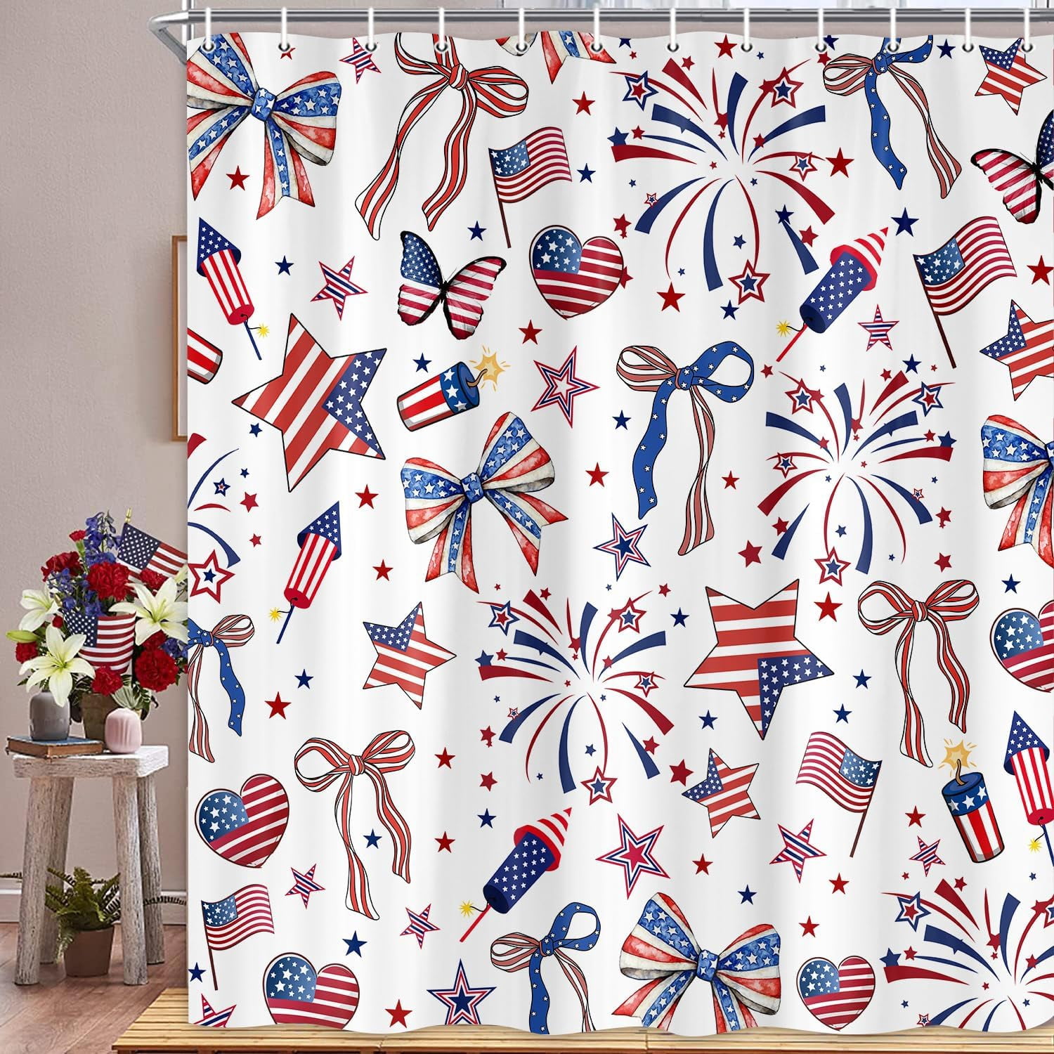 4th of July Shower Curtain, American Independence Day Flag Blue Red ...