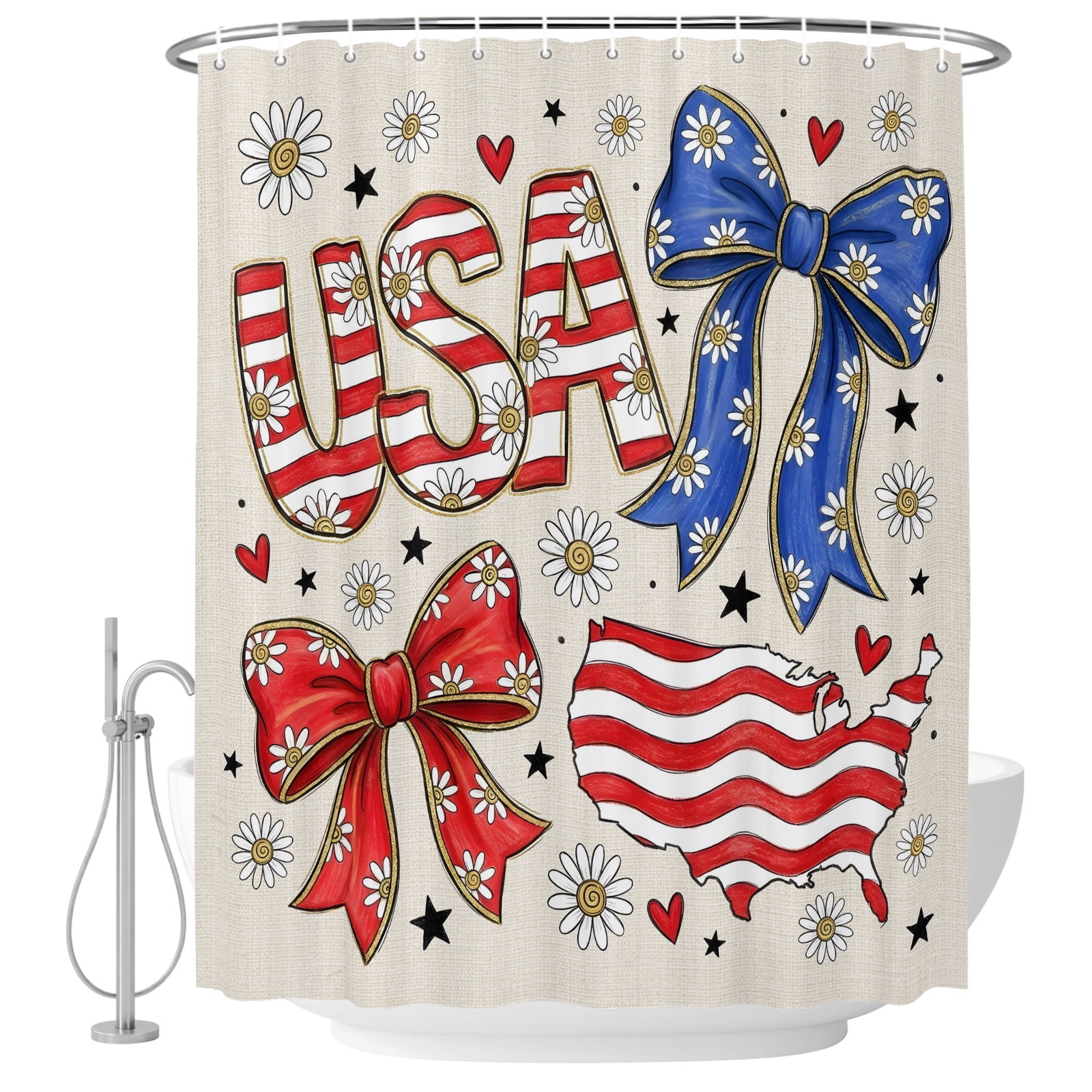 4th of July Shower Curtain for Bathroom, USA Ribbon Bow America Map ...
