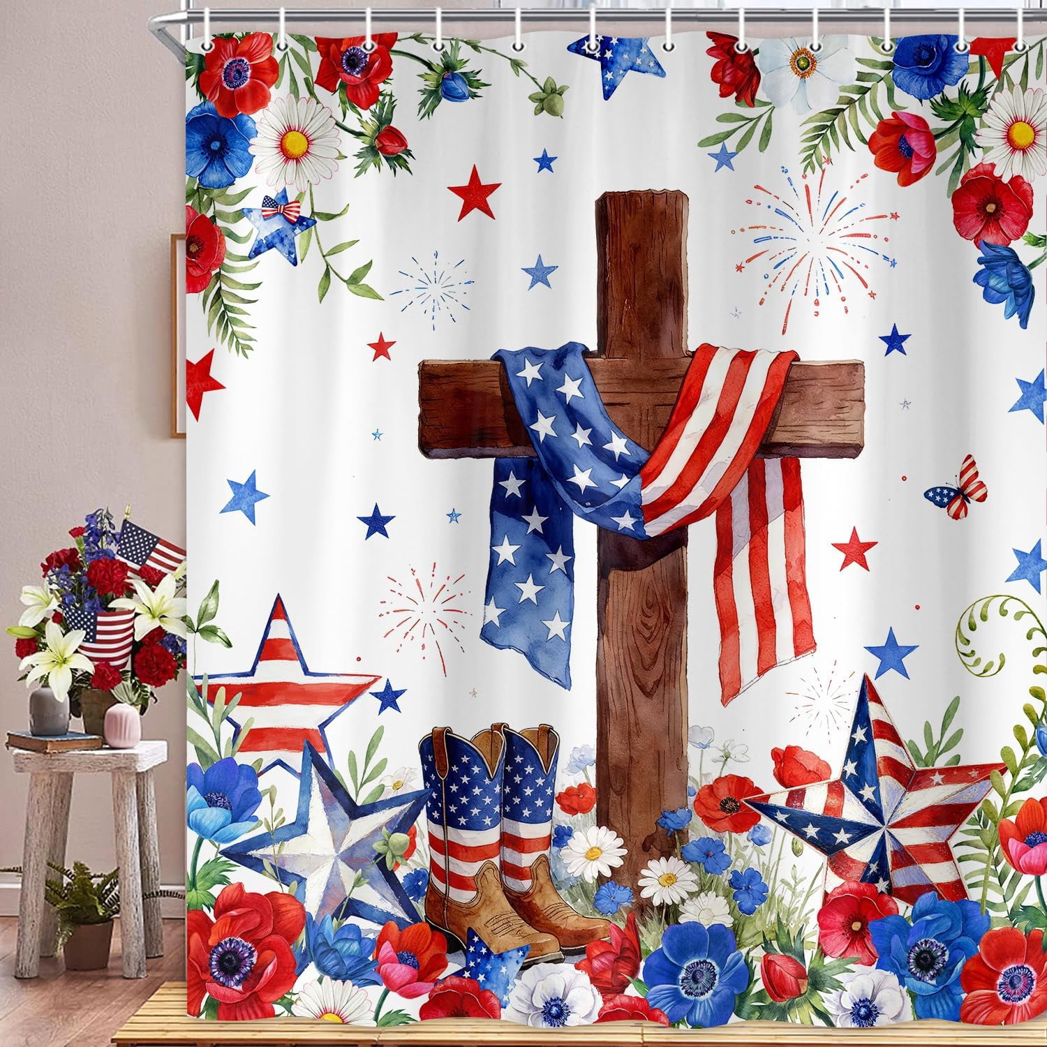 4th of July Shower Curtain, God Bless America 250th Birthday ...