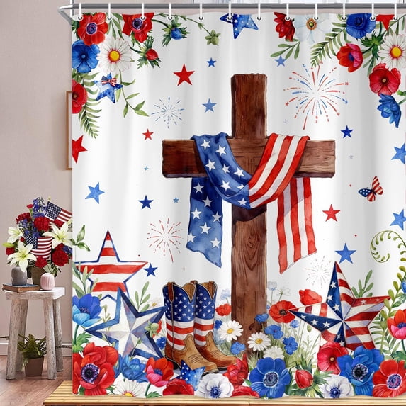 4th of July Shower Curtain, God Bless America 250th Birthday ...