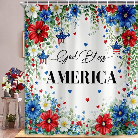 4th of July Shower Curtain, God Bless Red and Blue Floral Leaves ...