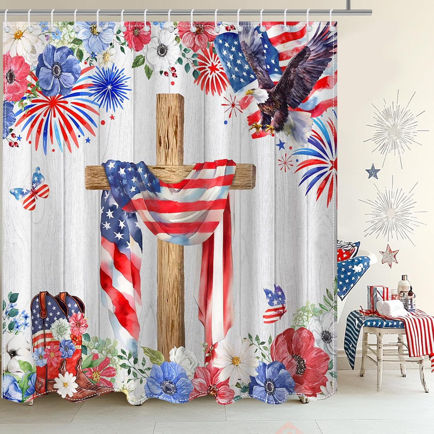 4th of July Shower Curtain, God Bless The USA Independence Day Shower Curtain with 12 Hooks Red ...