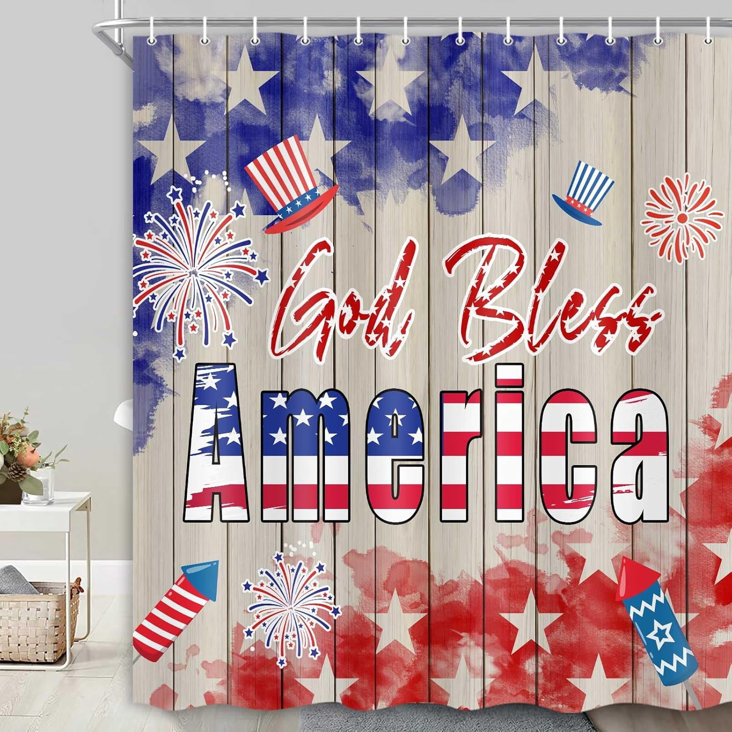 4th of July Shower Curtain Patriotic American Flag with Stars Vintage ...
