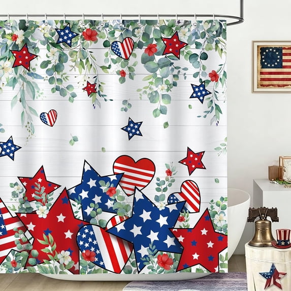 4th of July Shower Curtain Patriotic Red and Blue Star Shower Curtains ...