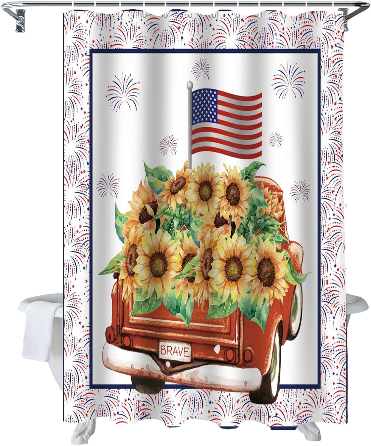 4th of July Shower Curtain Retro Sunflower American Flag Truck Bathroom ...
