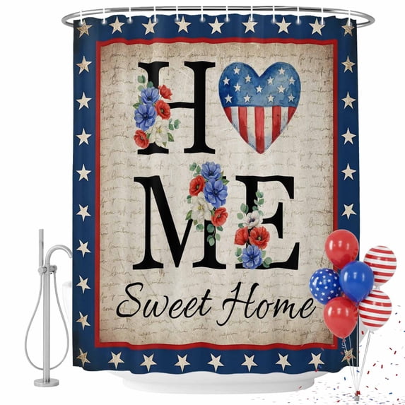 4th of July Shower Curtain Set with Hooks, Home Sweet Home Blue Stars ...