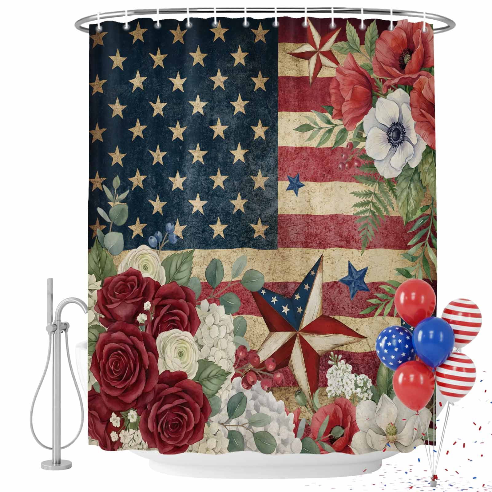 4th of July Shower Curtain Set with Hooks, Patriotic USA Flag Stars Red ...