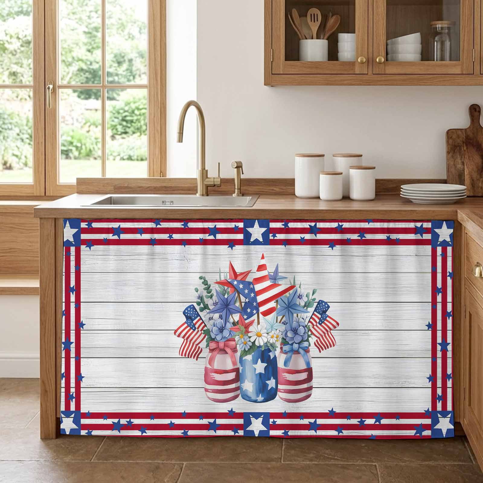4th of July Sink Skirt Curtain 32''x55'',Red Blue Patriotic Flowers ...