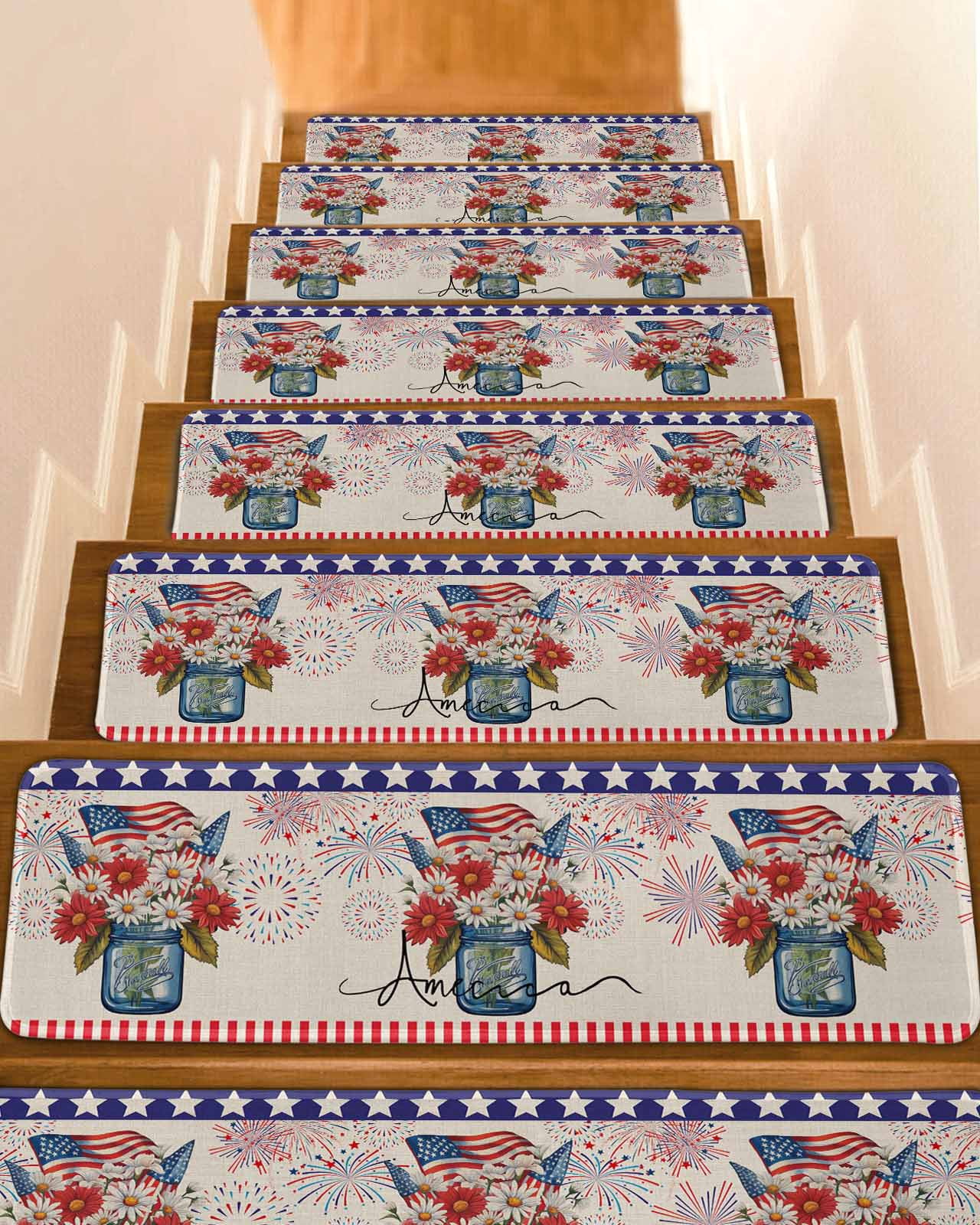 4th of July Stair Treads for Wooden Steps Indoor Runner Rug Carpet ...