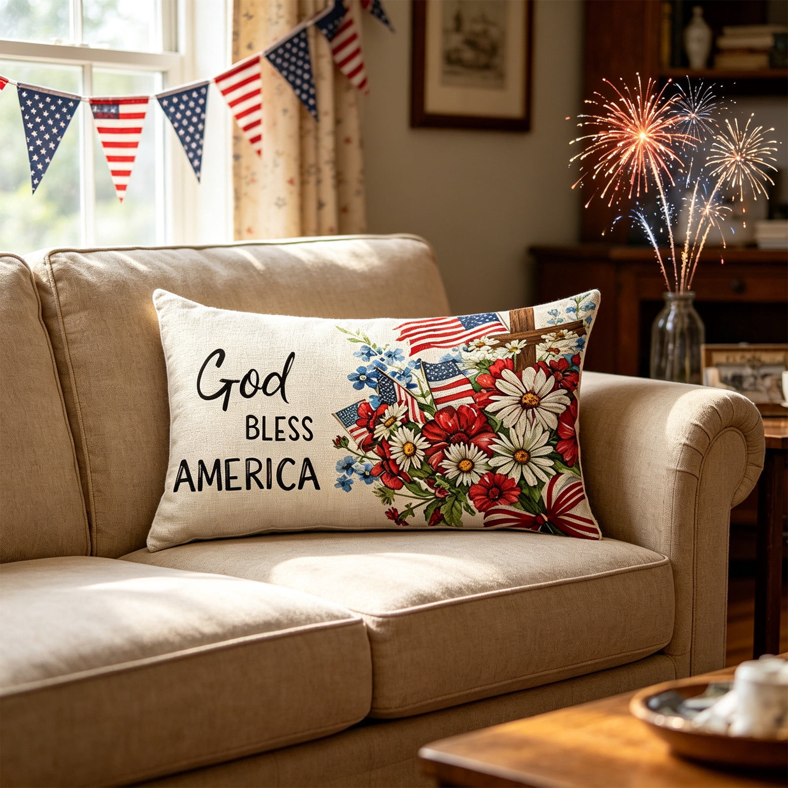4th of July Star Flag Print Throw Pillow Cover - Patriotic Sofa Cushion ...